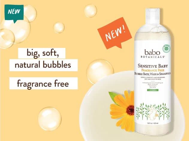 Babo Botanicals Sensitive Baby Fragrance-Free 2-in-1 Bubble Bath & Wash - Shea Butter, Calendula & Oat - Vegan - EWG Verified - For Babies & Kids