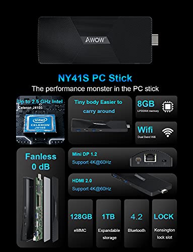 AWOW Fanless 8GB Mini PC Stick Intel Celeron J4105, 128GB Storage, Windows 11 Pro Mini Computer Stick Supporting HDMI 2.0 and Mini DP 1.2 Dual 4K@60Hz, Dual Band WiFi and Gigabit Ethernet Port, NY41S