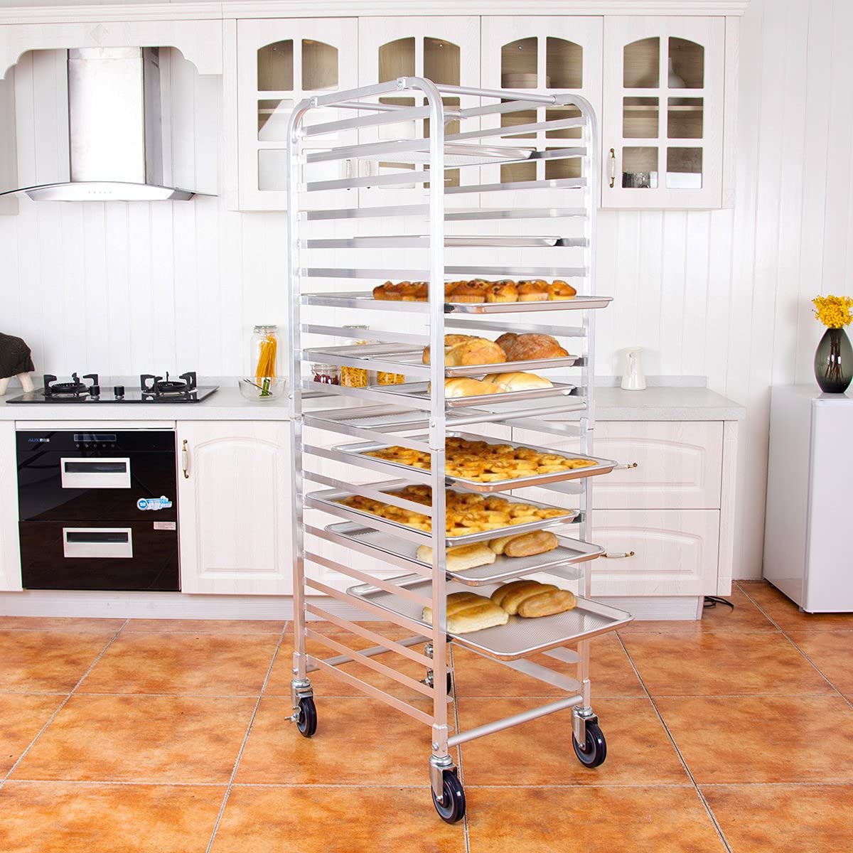ReunionG 20 Tier Bun Pan Rack, Bakery Rack with 2 Lockable Wheels, 20 Sheet Aluminum Storage Cooling Trolley with Open Shelf, Dough Pizza Baking Mobile Rack for Home Commercial