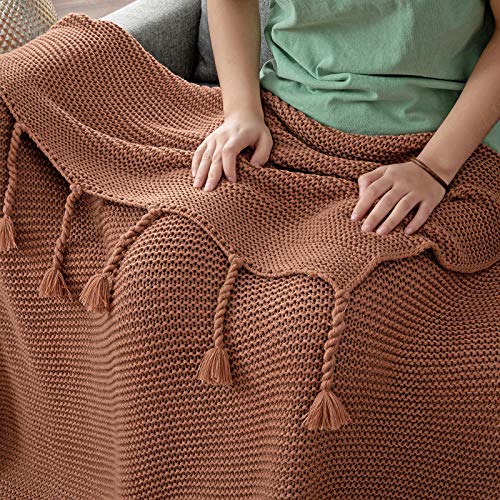 RUDONG M Knitted Throw Blanket with Fringe, Amber Color Knit Throw Blanket for Couch Bed Sofa 50" x 60"