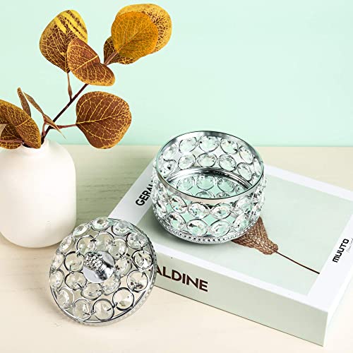 Feyarl Clear Crystal Jewelry Trinket Box Organizer Earrings Rings Treasure Storage Keepsake with Glass Mirror Surface Inside for Dresser Room Deco Valentine Christmas Birthday Gift (Silver)