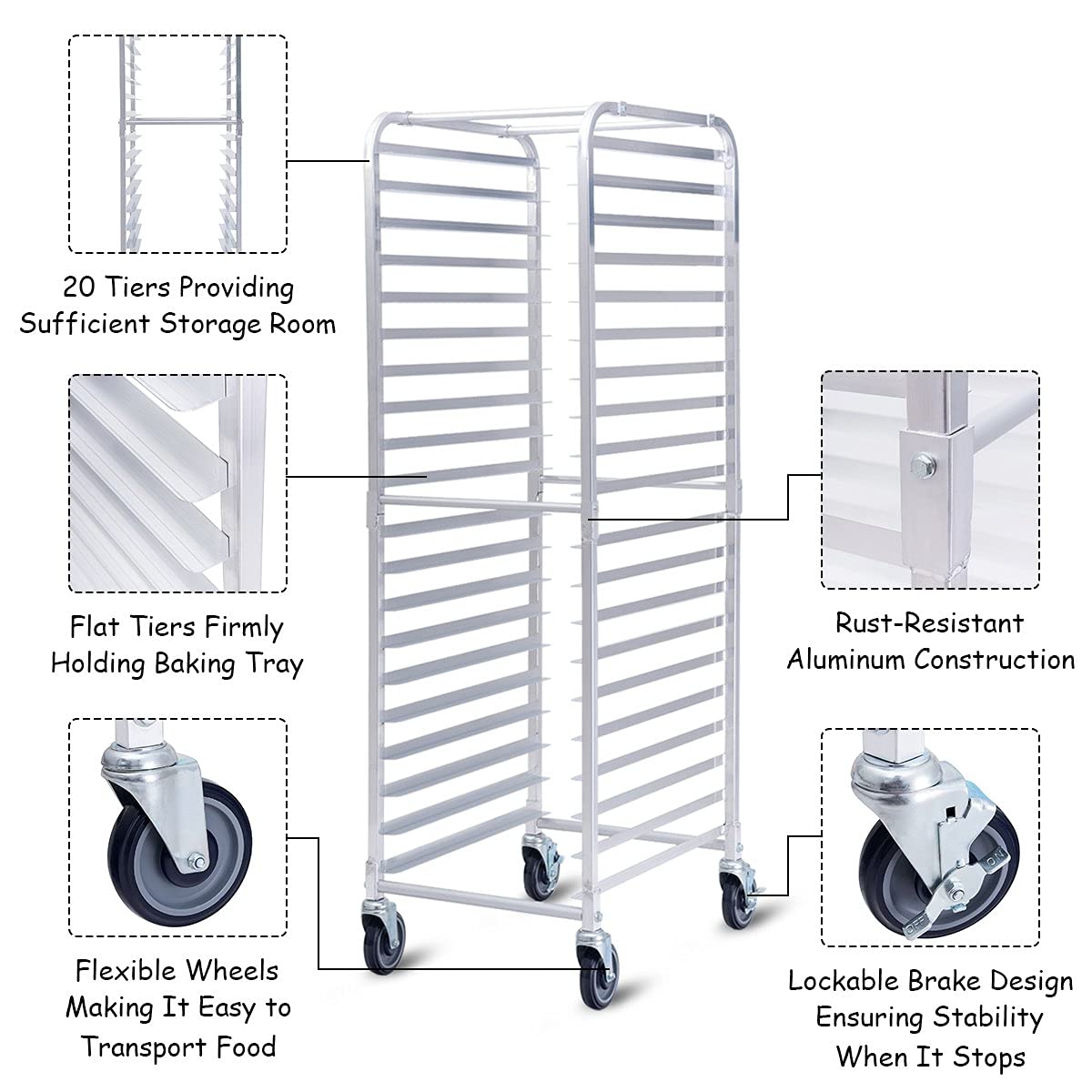 ReunionG 20 Tier Bun Pan Rack, Bakery Rack with 2 Lockable Wheels, 20 Sheet Aluminum Storage Cooling Trolley with Open Shelf, Dough Pizza Baking Mobile Rack for Home Commercial