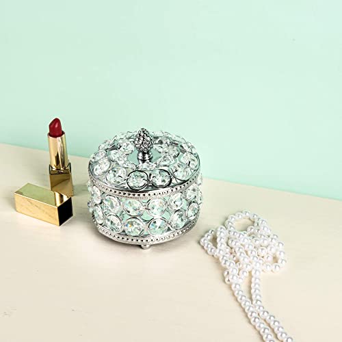 Feyarl Clear Crystal Jewelry Trinket Box Organizer Earrings Rings Treasure Storage Keepsake with Glass Mirror Surface Inside for Dresser Room Deco Valentine Christmas Birthday Gift (Silver)