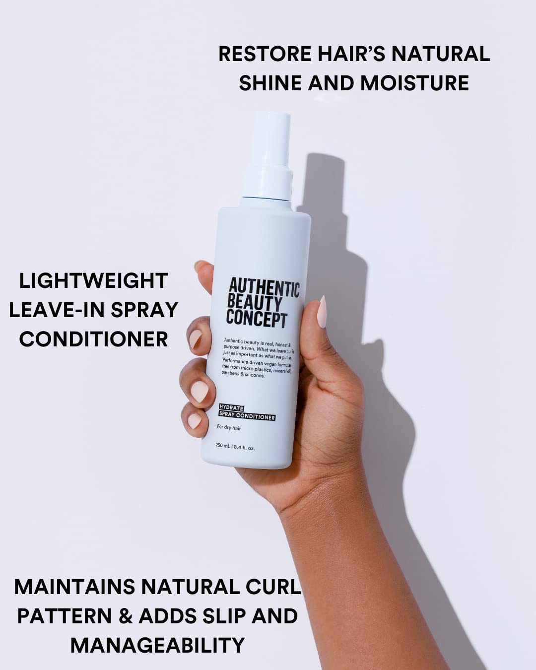 Authentic Beauty Concept Hydrate Spray Conditioner | Lightweight Leave-In Spray | Adds Moisture & Manageability | Normal To Dry or Curly Hair | Vegan & Cruelty-free | Silicone-free | 8.4 fl. oz.