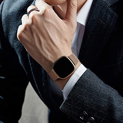 ZWGKKYGYH Bands Compatible with Fitbit Sense Versa 3 Versa 4 and Sense 2 Smartwatch Women Men, Stainless Steel Metal Mesh Magnetic Band Replacement for Sense/Sense 2/Versa 3/Versa 4, Small Champagne