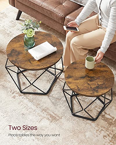 VASAGLE Small Coffee Table Set of 2, Round Coffee Table with Steel Frame, Side End Table for Living Room, Bedroom, Office, Rustic Brown and Black