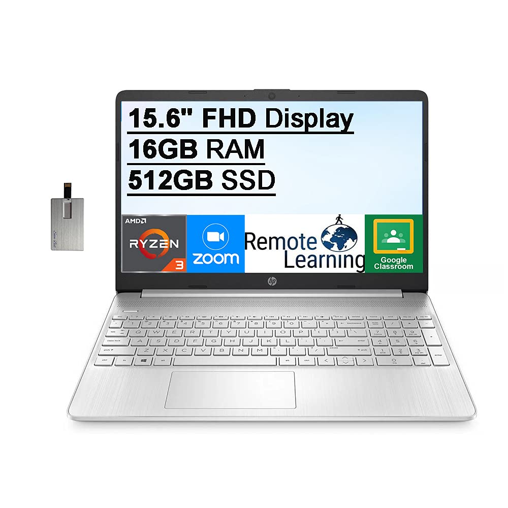 HP 2021 15.6" FHD Display Laptop Computer, AMD Ryzen 3-3250U Processor(Beats Intel i5-1035G1), 16GB DDR4 RAM, 512GB SSD, AMD Radeon Graphics, HD Webcam, HDMI, Win 10S, Silver, 32GB SnowBell USB Card