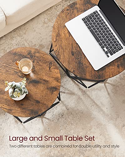 VASAGLE Small Coffee Table Set of 2, Round Coffee Table with Steel Frame, Side End Table for Living Room, Bedroom, Office, Rustic Brown and Black