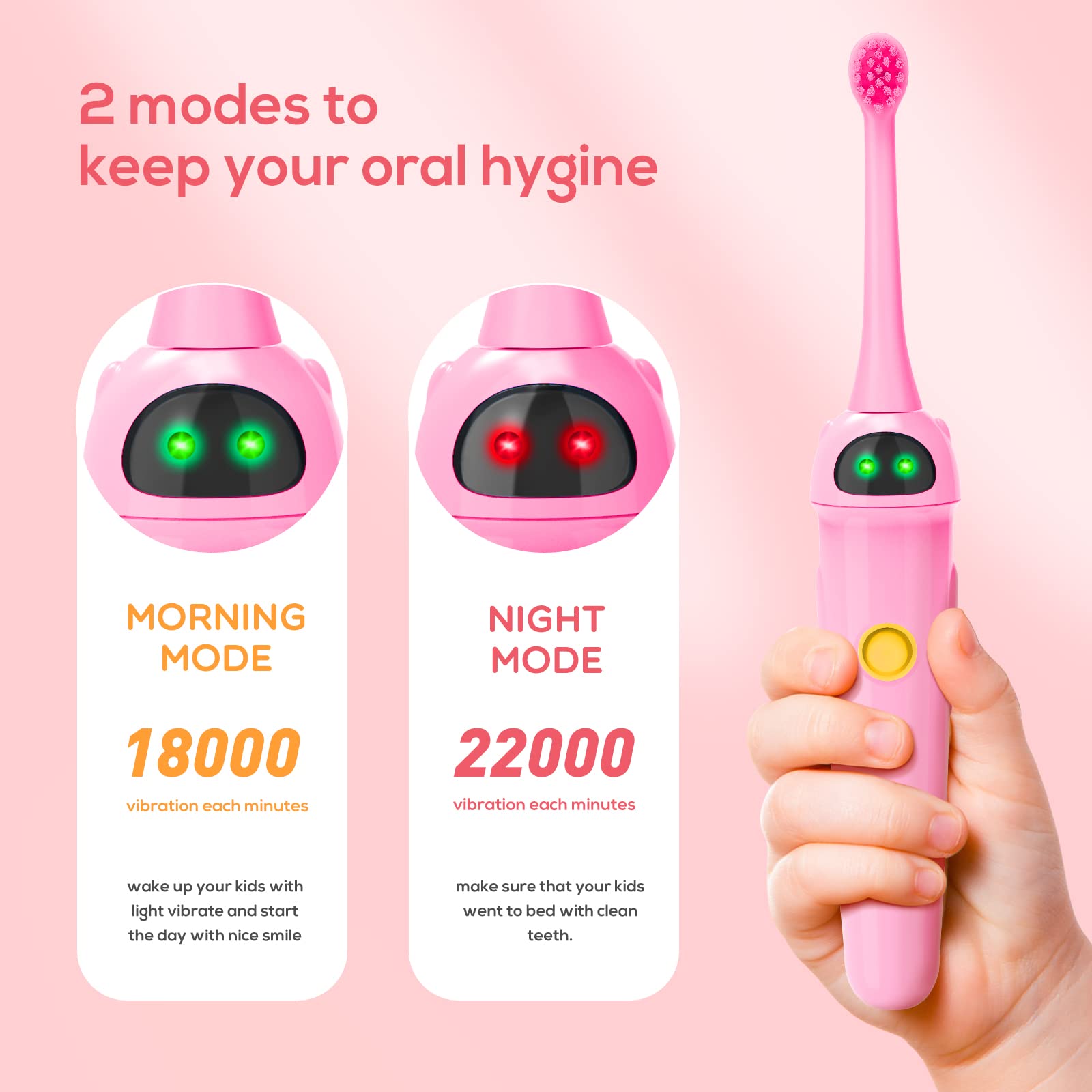 Elifloss Kids Electric Toothbrushes, 2 Modes with Memory, 2 Min Timer, Fun&Easy Clean, IPX7 Waterproof Rechargeable Kids Toothbrush for Age 3-12 with 3 Dupont Soft Bristles, Pink