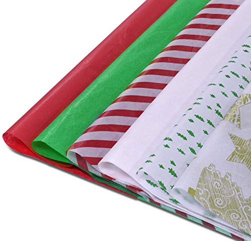 KLATIE Christmas Tissue Paper, Assorted Design Gift Wrapping Paper 120 Sheets, 20” X 14”, including Red, Green, White, Christmas Trees, Stripe Design, Tissue Paper for Gift Bags, Christmas Wrapping.