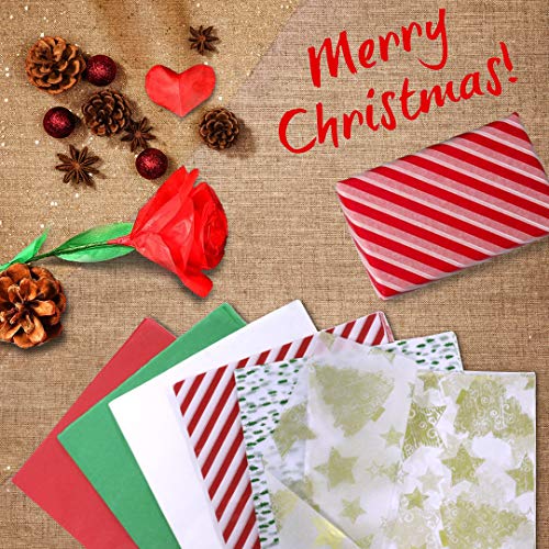 KLATIE Christmas Tissue Paper, Assorted Design Gift Wrapping Paper 120 Sheets, 20” X 14”, including Red, Green, White, Christmas Trees, Stripe Design, Tissue Paper for Gift Bags, Christmas Wrapping.