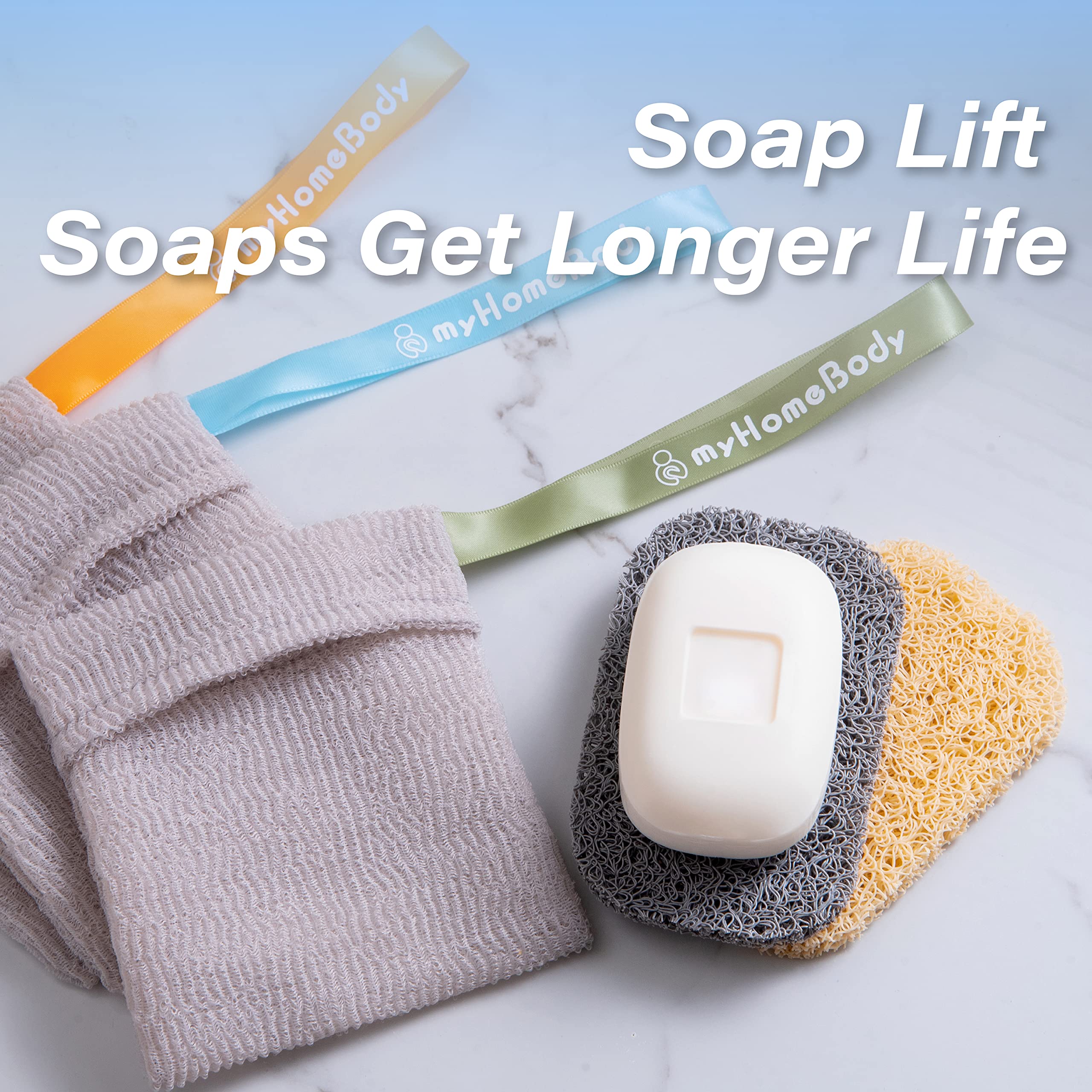 myHomeBody Soap Pocket Squares Exfoliating Soap Saver Pouch, Body Scrubber, Exfoliator Sponge for Bath or Shower, for 5oz Bar Soap or Leftover Bits, White Smoke, 3 Pack + 2 Soap Lifting Pads