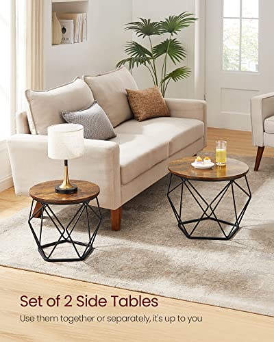 VASAGLE Small Coffee Table Set of 2, Round Coffee Table with Steel Frame, Side End Table for Living Room, Bedroom, Office, Rustic Brown and Black