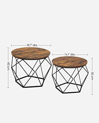 VASAGLE Small Coffee Table Set of 2, Round Coffee Table with Steel Frame, Side End Table for Living Room, Bedroom, Office, Rustic Brown and Black