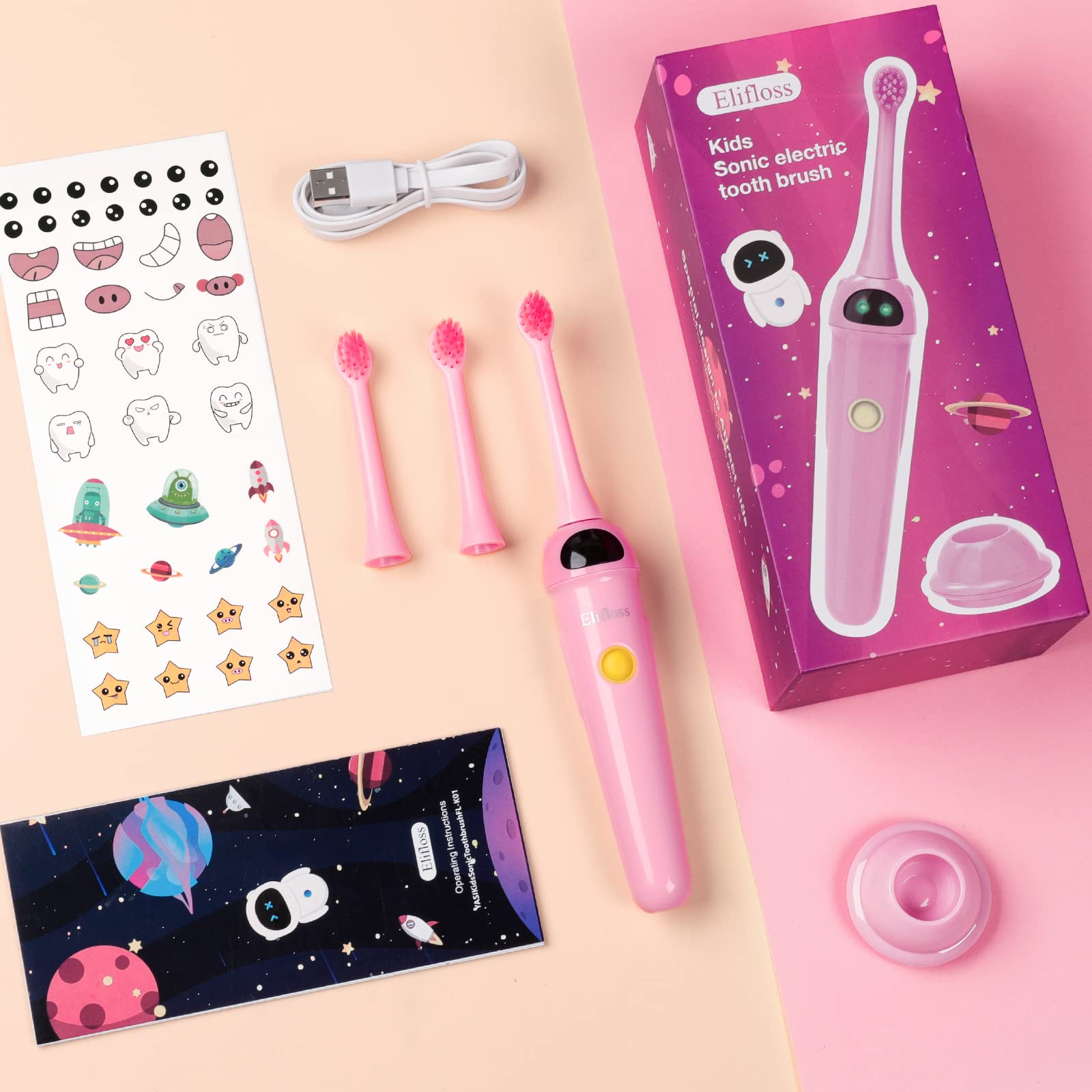 Elifloss Kids Electric Toothbrushes, 2 Modes with Memory, 2 Min Timer, Fun&Easy Clean, IPX7 Waterproof Rechargeable Kids Toothbrush for Age 3-12 with 3 Dupont Soft Bristles, Pink