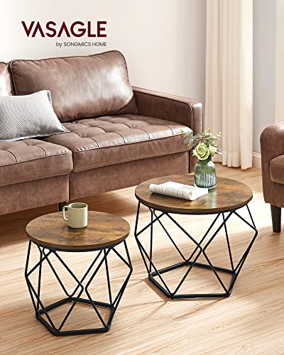 VASAGLE Small Coffee Table Set of 2, Round Coffee Table with Steel Frame, Side End Table for Living Room, Bedroom, Office, Rustic Brown and Black