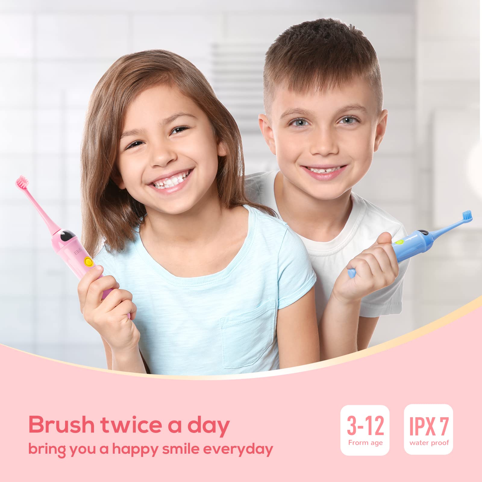Elifloss Kids Electric Toothbrushes, 2 Modes with Memory, 2 Min Timer, Fun&Easy Clean, IPX7 Waterproof Rechargeable Kids Toothbrush for Age 3-12 with 3 Dupont Soft Bristles, Pink
