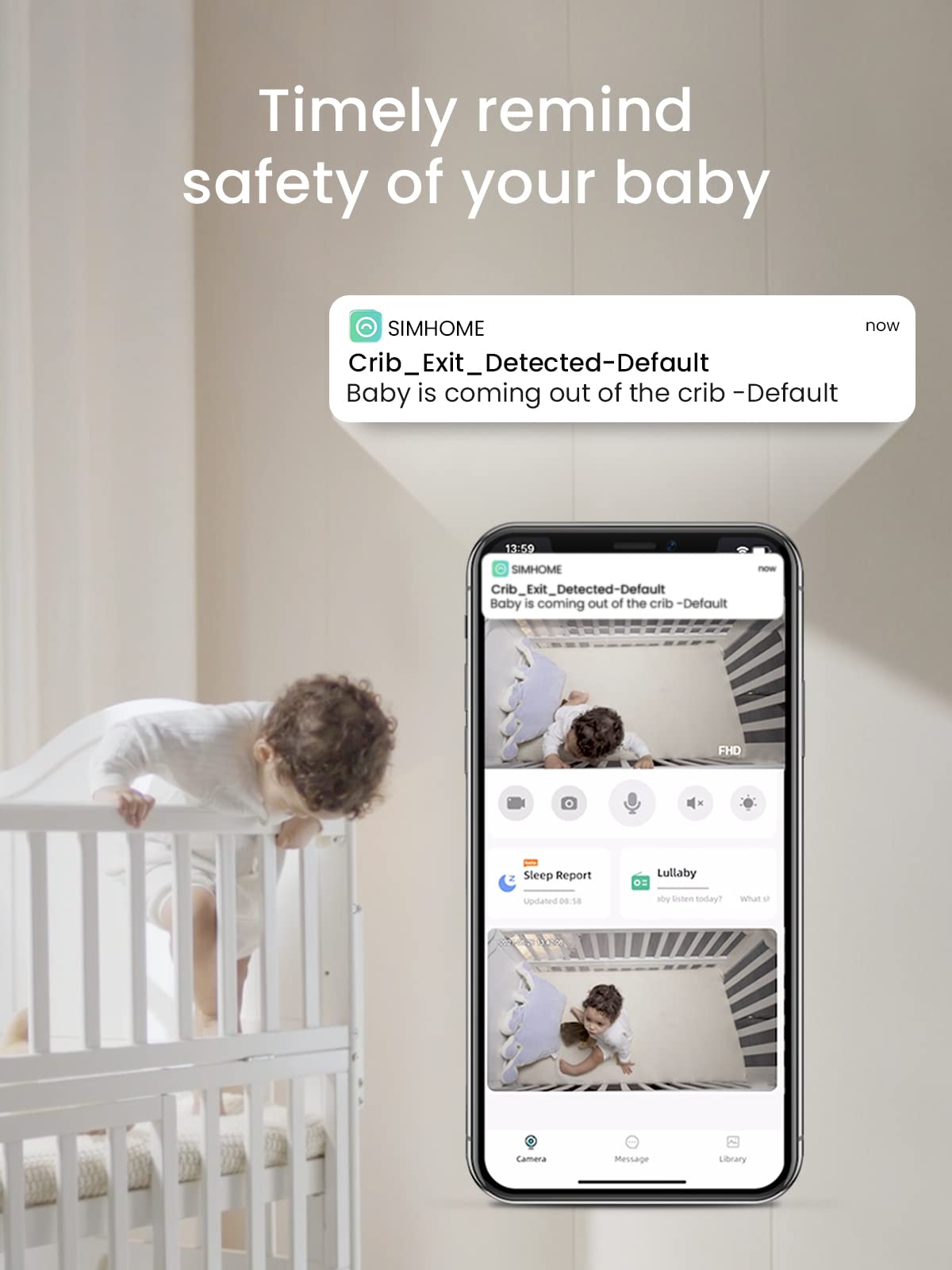 Simshine Baby Monitor - Wi-Fi HD Video Camera, 2K Smart Baby Camera Monitor with 360° Rotation, Crying Detection and Sleep Analytics Two-Way Audio Compatible with iOS & Android