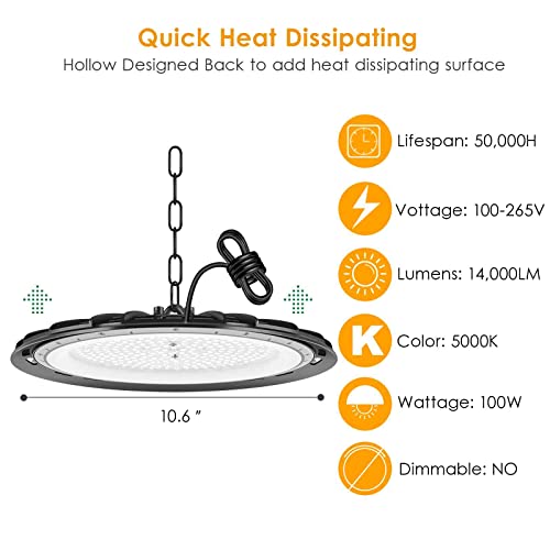 Brillirare LED UFO High Bay Light, 100W 14,000LM Daylight 5000K Shop Light Fixture, IP65 Waterproof 400W HID Equiv. with Hanging Hook&Safe Rope, Commercial Grade Lighting for Warehouse, Workshop