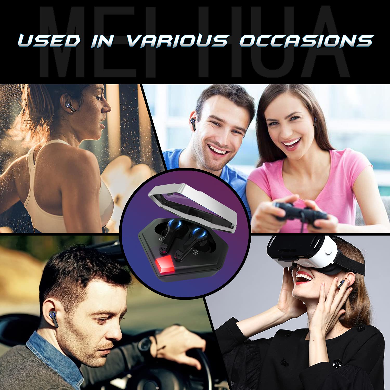 Wireless Game Earphones, Bluetooth 5.1 Headphones with Noise Cancelling Earbuds Mic Fingerprint Touch Control 35ms Low Latency IPX5 Waterproof Headsets for Gaming 30H Playtime by MEI Hua