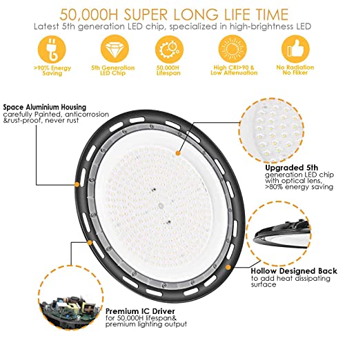 Brillirare LED UFO High Bay Light, 100W 14,000LM Daylight 5000K Shop Light Fixture, IP65 Waterproof 400W HID Equiv. with Hanging Hook&Safe Rope, Commercial Grade Lighting for Warehouse, Workshop
