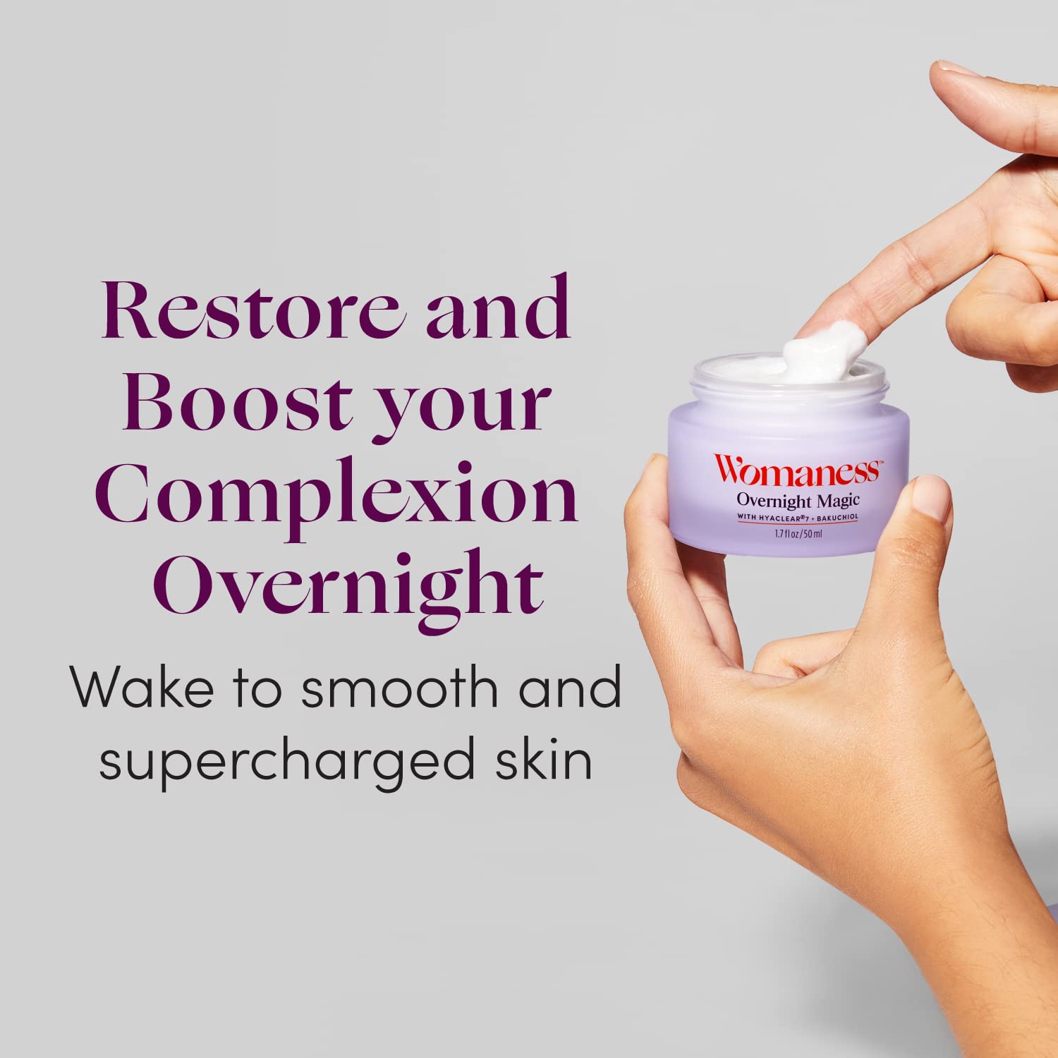 Womaness Overnight Magic Night Face Cream - Anti Aging Night Cream & Menopause Moisturizer - Hydrating Hyaluronic Acid Moisturizer & Bakuchiol Retinol Alternative for Fine Lines & Wrinkles (1.7oz)