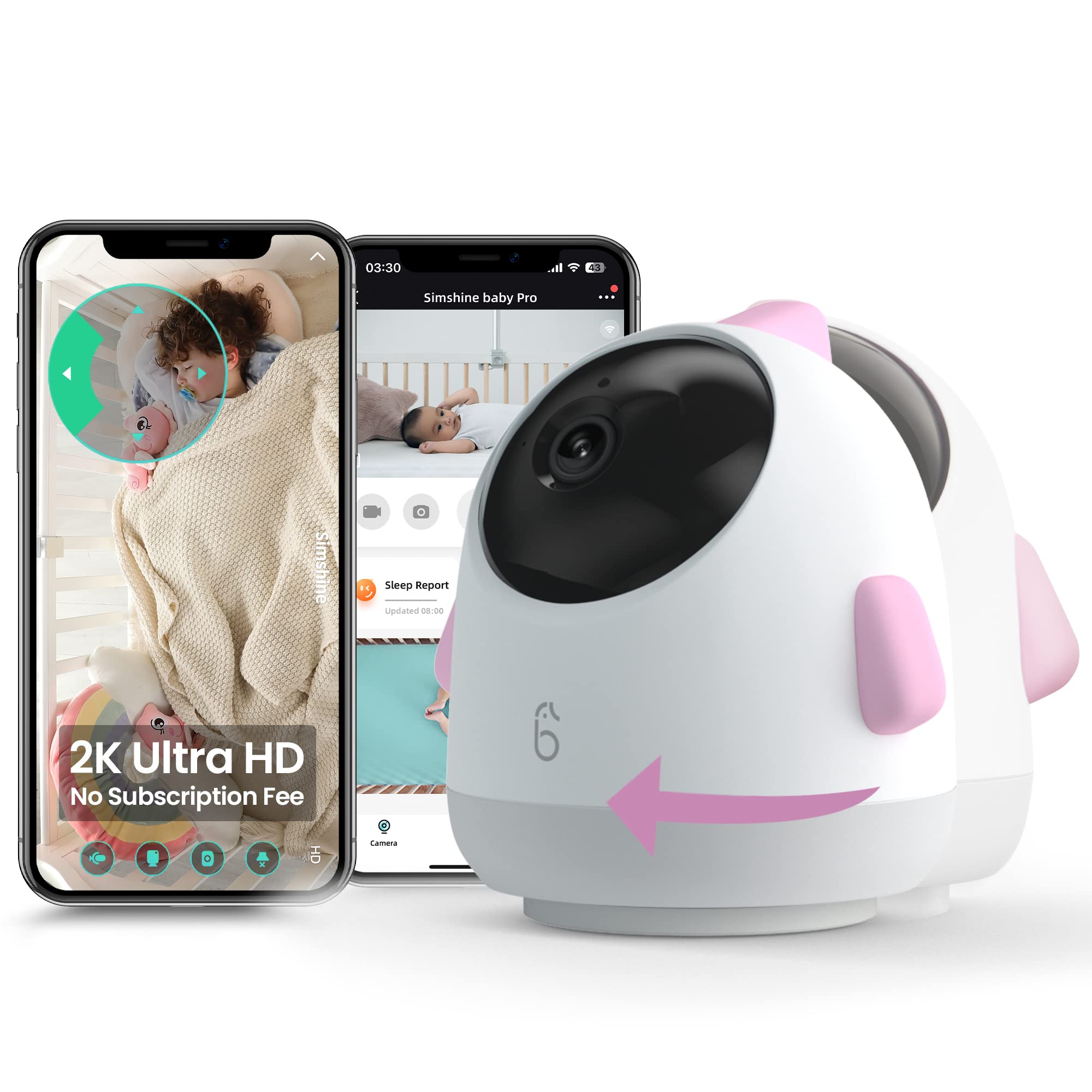 Simshine Baby Monitor - Wi-Fi HD Video Camera, 2K Smart Baby Camera Monitor with 360° Rotation, Crying Detection and Sleep Analytics Two-Way Audio Compatible with iOS & Android