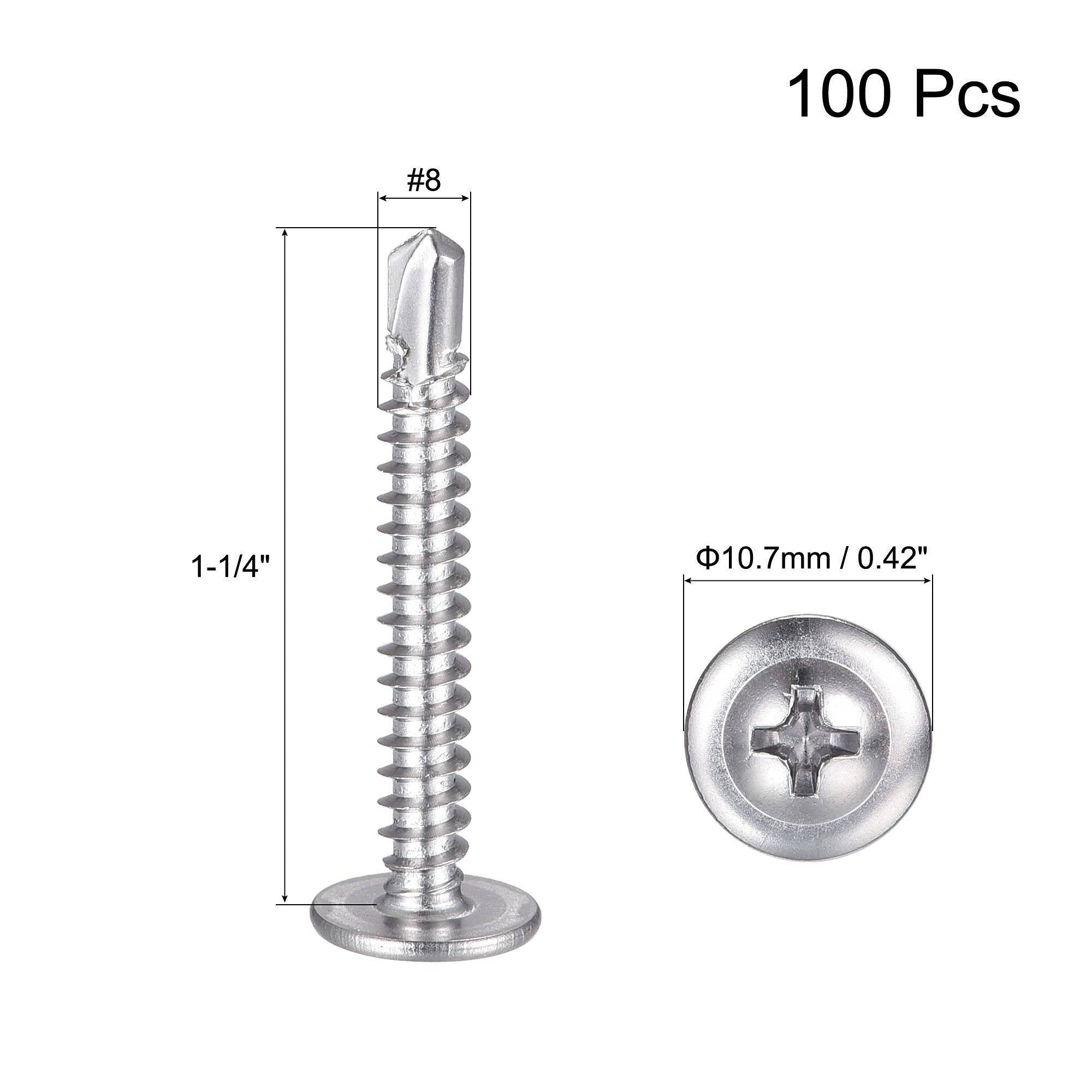 uxcell Phillips Head Self Tapping Screws, 8 x 1-1/4" 410 Stainless Steel Self Drilling Sheet Metal Screw 100pcs