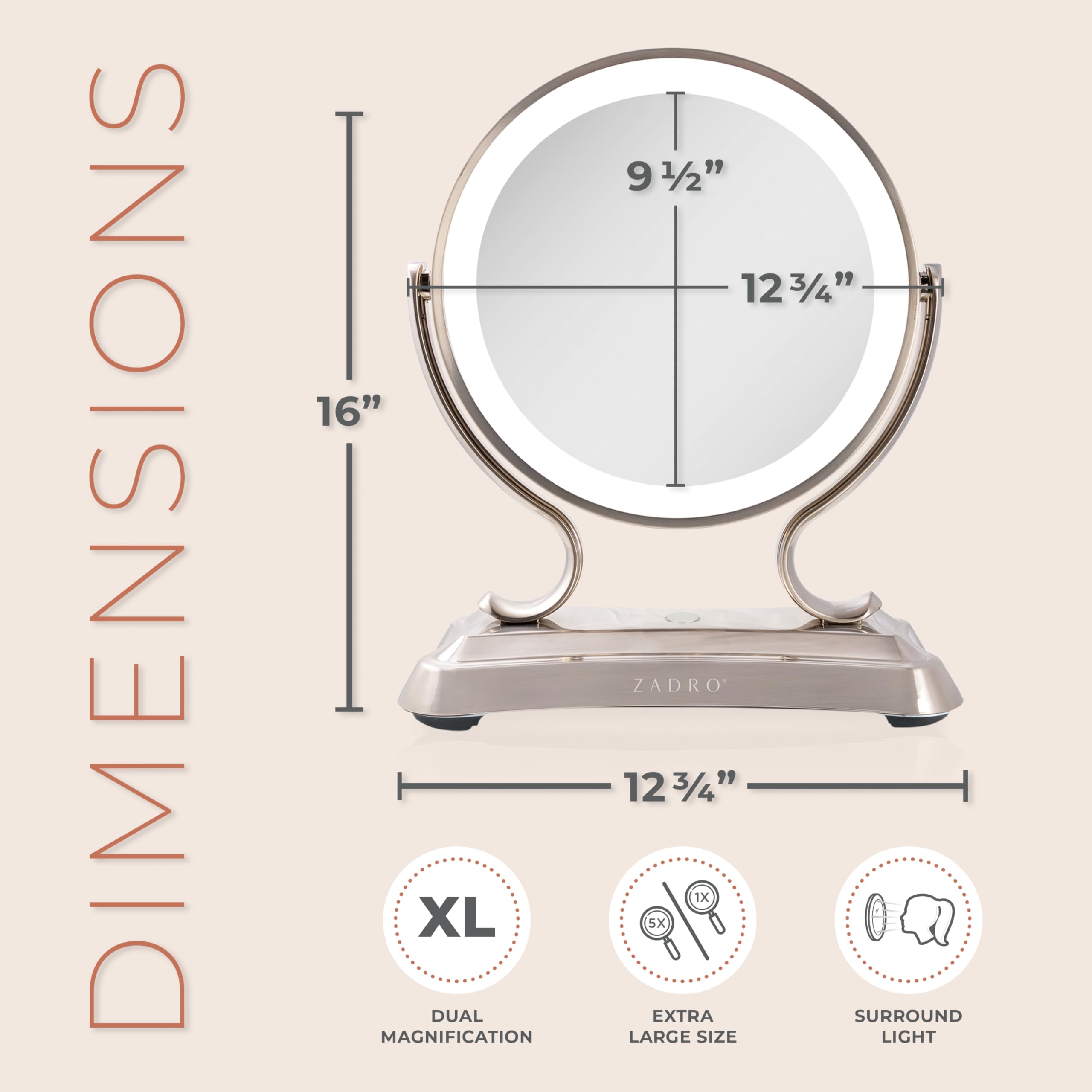 Zadro 12" Glamour LED Makeup Mirror with Lights and Magnification 5X/1X Touch Control Mirror with Lights for Makeup Desk (Satin Nickel)