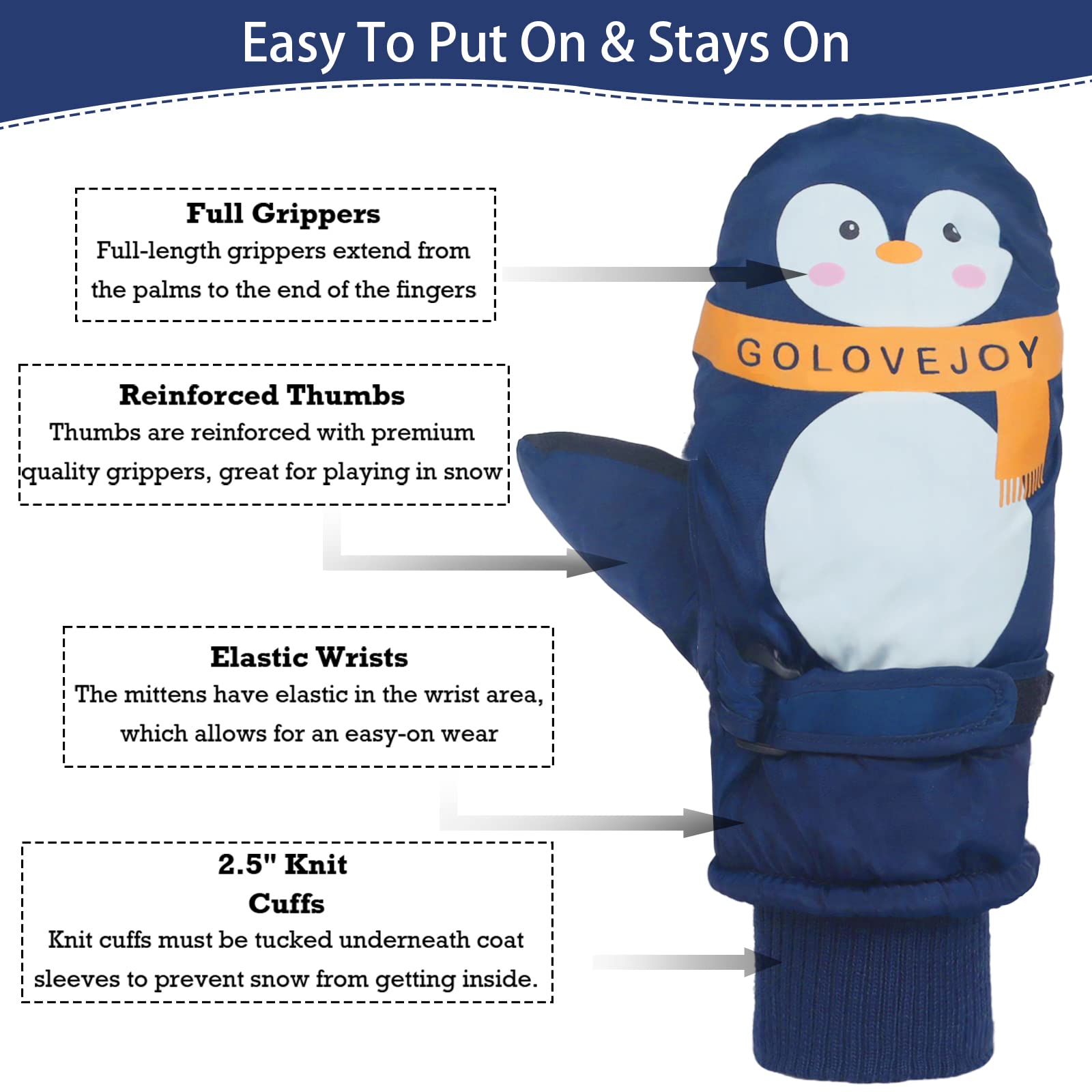 Miaowoof Baby Toddler and Kids Easy-On Wrap Waterproof Thinsulate Winter Mittens Navy Blue Cutie,0-2 Years,6-24 Months