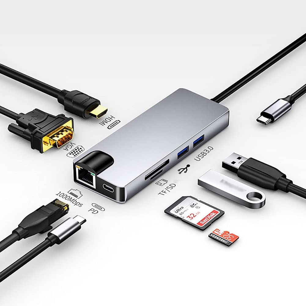 Port Expander 8-in-1 USB C Adapter for USB C Laptop USB C Hub to 4K HDMI, VGA, 2 USB 3.0 Ports, PD Charger, SD/TF Card Reader, Ethernet USB Splitter