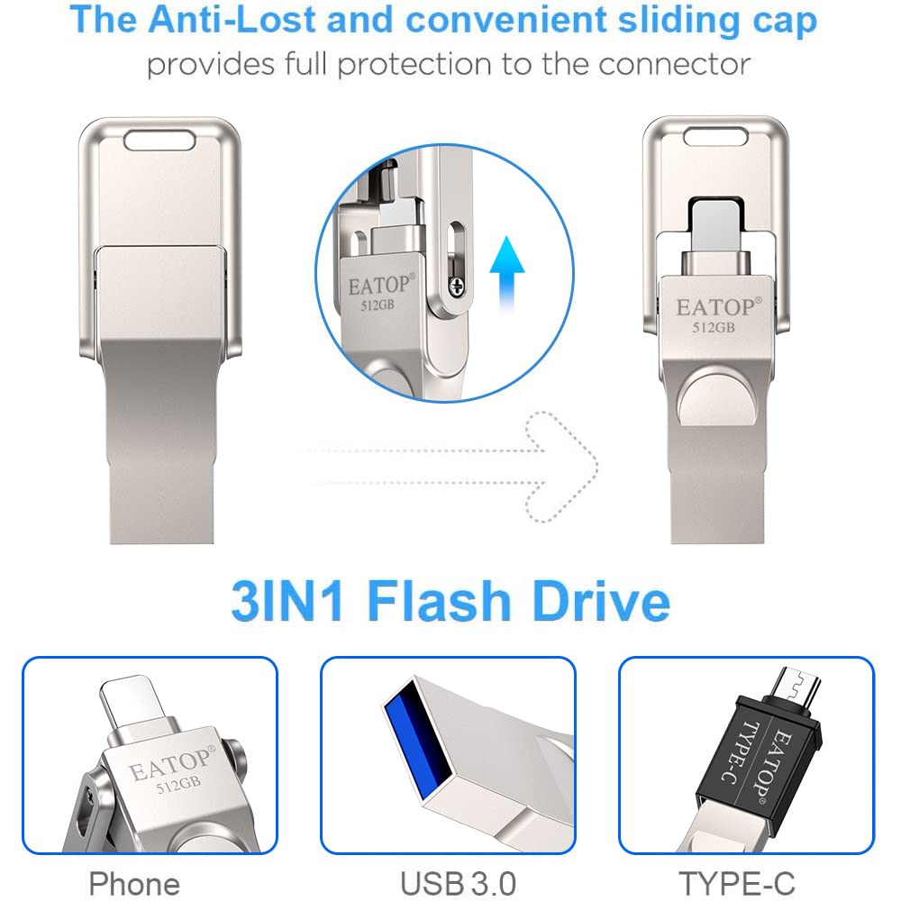 EATOP USB 3.0 ,512GB flash drive Photo Storage memory stick Thumb Drive Compatible with iPhone iPad Android and Computers (Silver)