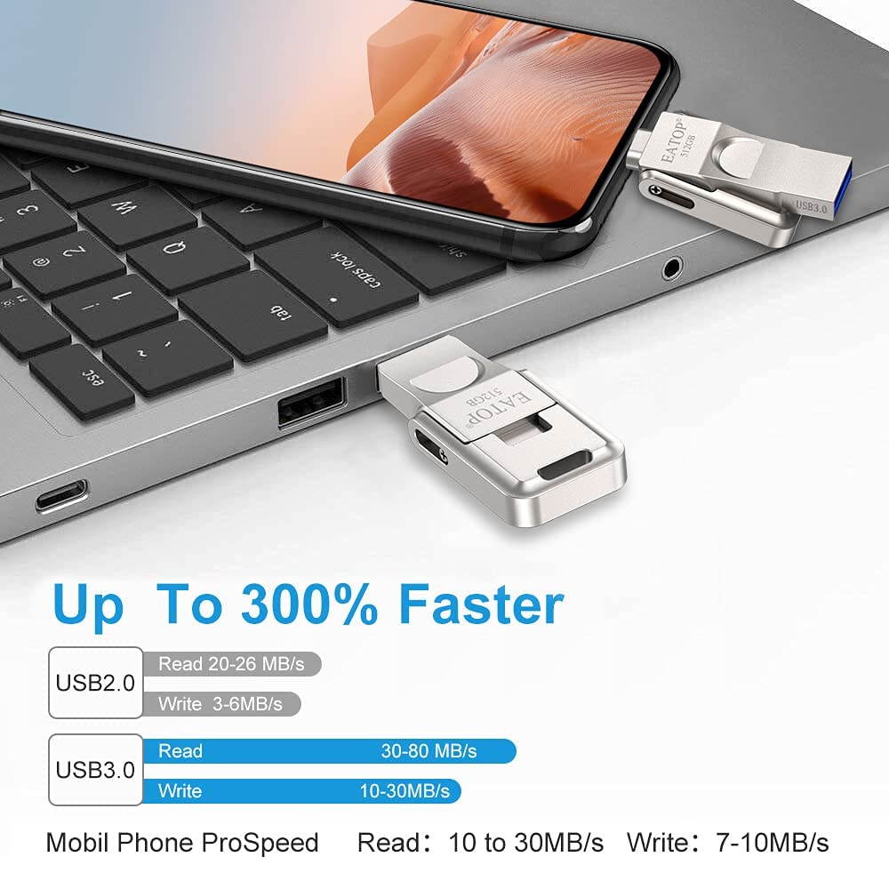 EATOP USB 3.0 ,512GB flash drive Photo Storage memory stick Thumb Drive Compatible with iPhone iPad Android and Computers (Silver)