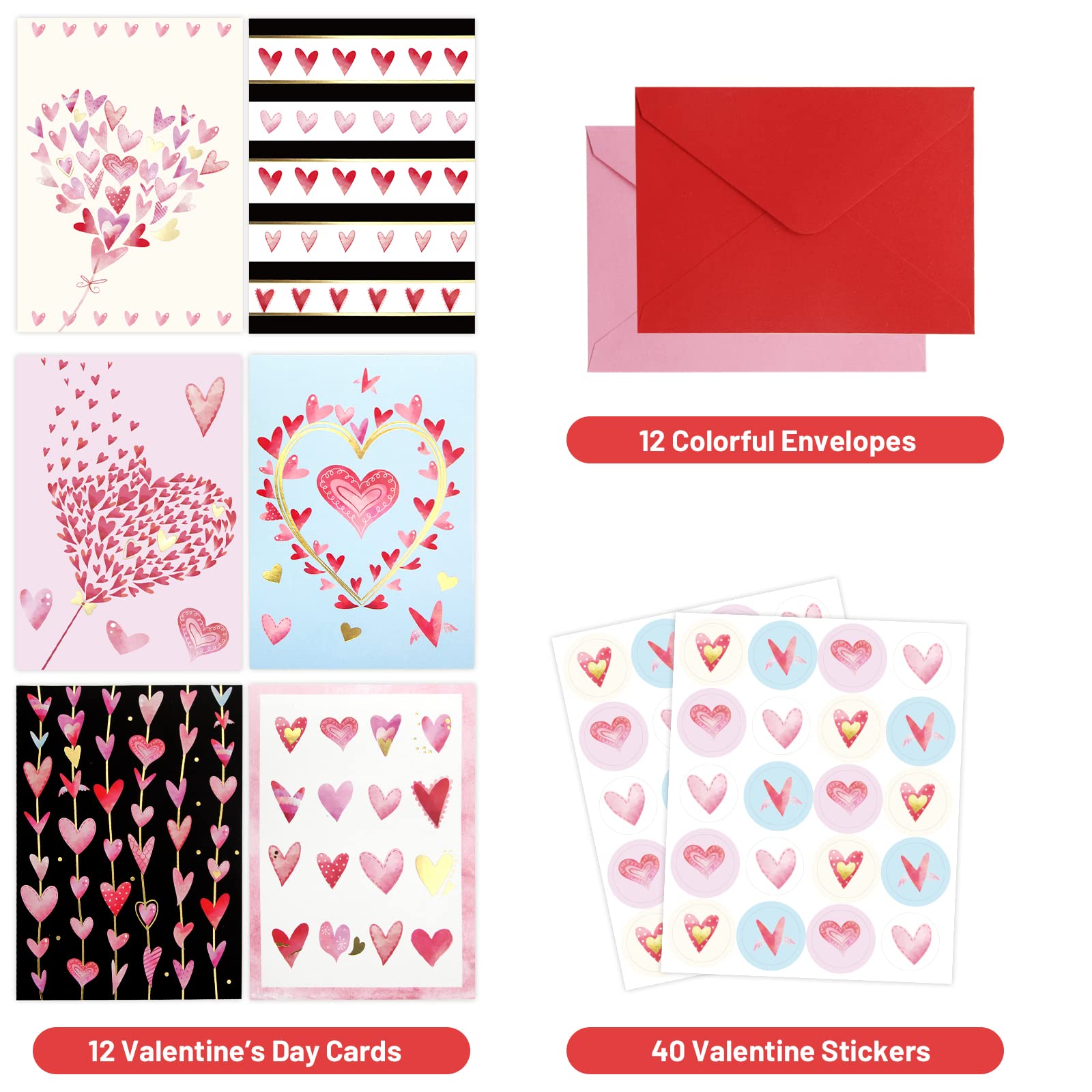 Fancy Land Valentines Cards with Envelopes 12 Heart Cards Blank Inside Gold Foil Embellishment