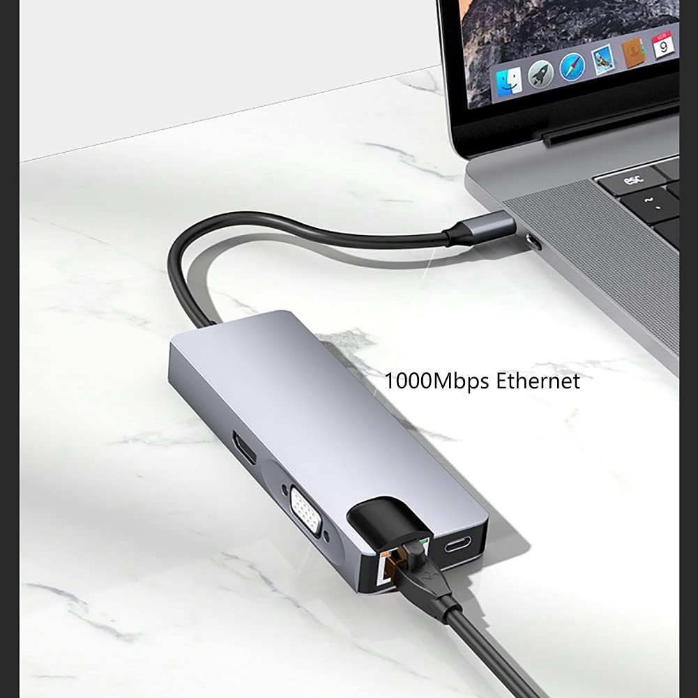 Port Expander 8-in-1 USB C Adapter for USB C Laptop USB C Hub to 4K HDMI, VGA, 2 USB 3.0 Ports, PD Charger, SD/TF Card Reader, Ethernet USB Splitter