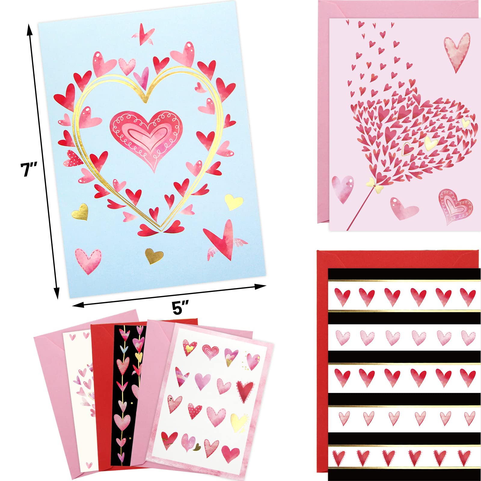 Fancy Land Valentines Cards with Envelopes 12 Heart Cards Blank Inside Gold Foil Embellishment