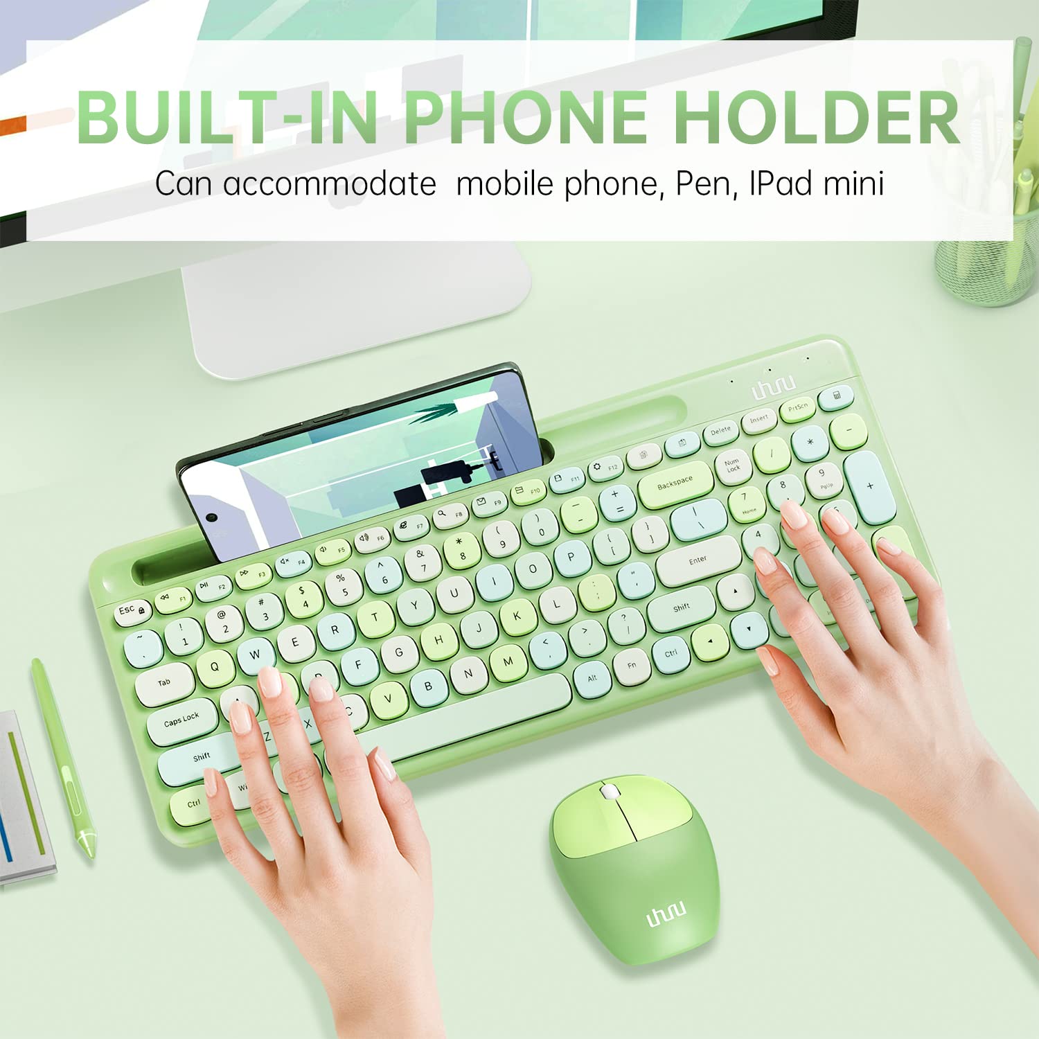 UHURU Colorful Wireless Keyboard and Mouse Combo - Computer Keyboard with Phone Holder, 2.4GHz Full-Sized Cute Green Keyboard and Mouse Set for Windows, Laptop, PC, Notebook - Green