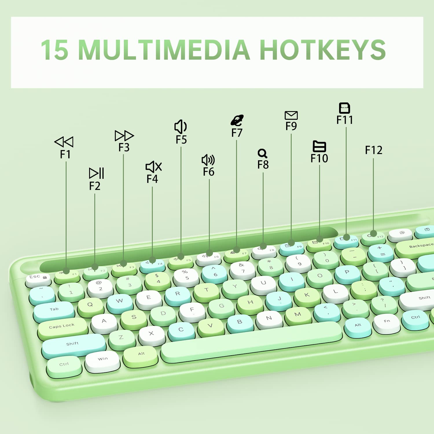 UHURU Colorful Wireless Keyboard and Mouse Combo - Computer Keyboard with Phone Holder, 2.4GHz Full-Sized Cute Green Keyboard and Mouse Set for Windows, Laptop, PC, Notebook - Green