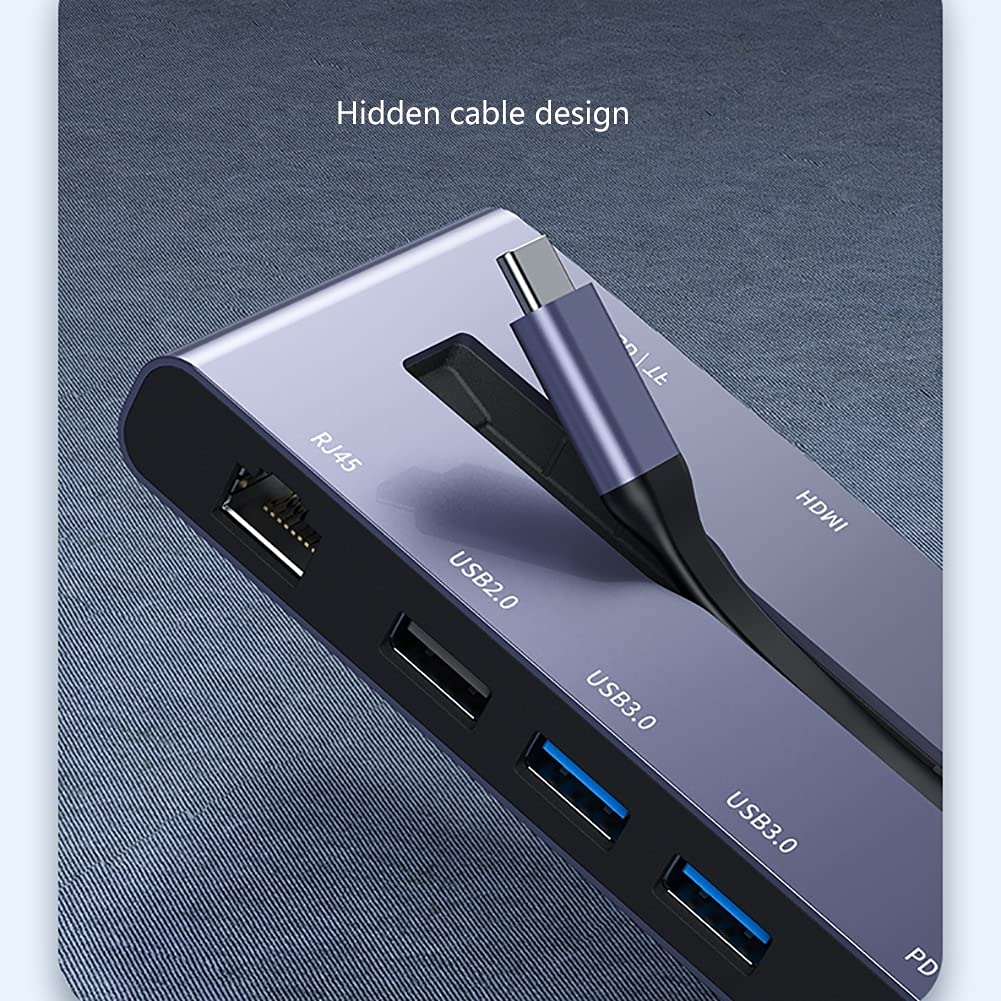 Port Expander USB C Hub 9 in 1 Type C Adapter with Hidden Cable Dock Station (HDMI/VGA/Ethernet/2 USB 3.0/USB 2.0/SD and TF Slots/PD 100W) USB Splitter
