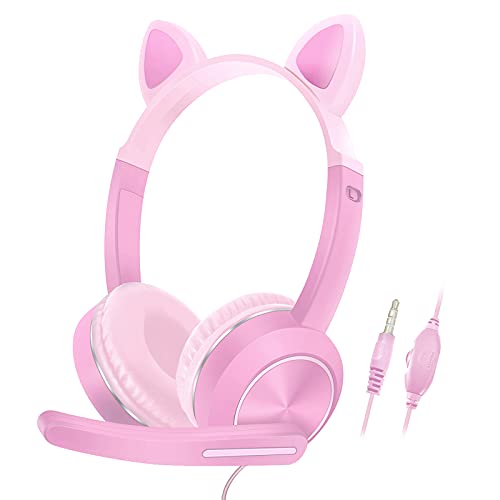 AKZ CN COM Kids Headphones, Cat Ear Headphones with Microphone for Children Boys & Girls, Wired Headset with 3.5mm Jack for Online Learning, Home, Chromebook, Travel, Tablet