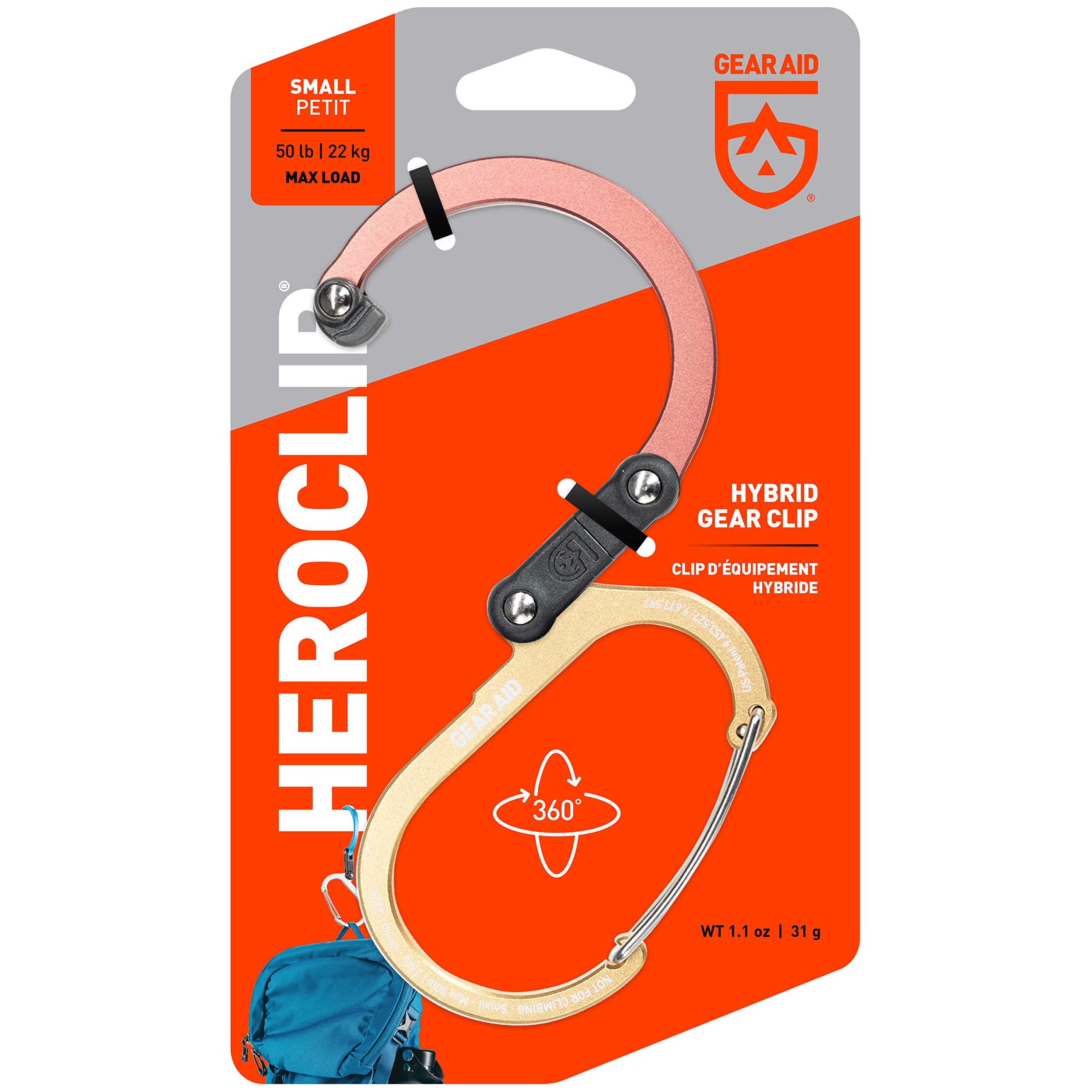 GEAR AID HEROCLIP Carabiner Clip and Hook (Small) for Purse, Stroller, and Backpack, Gold & Cinnamon