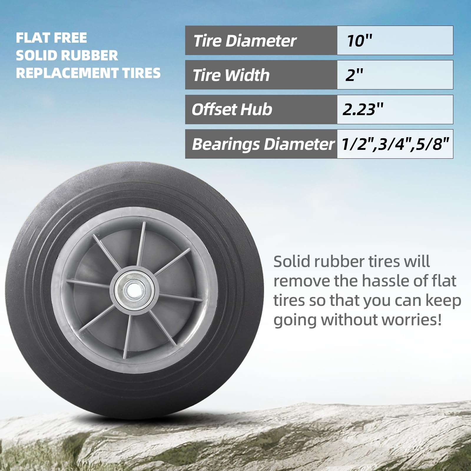 AR-PRO (2-Pack 10'' x 2'' Flat Free Solid Rubber Tire and Wheel, 3/4" & 5/8" & 1/2" Axles Bore Hole with 2.23" Offset Hub, Replacement 10 Inche Wheel for Dolly Hand Trucks and Wheelbarrows