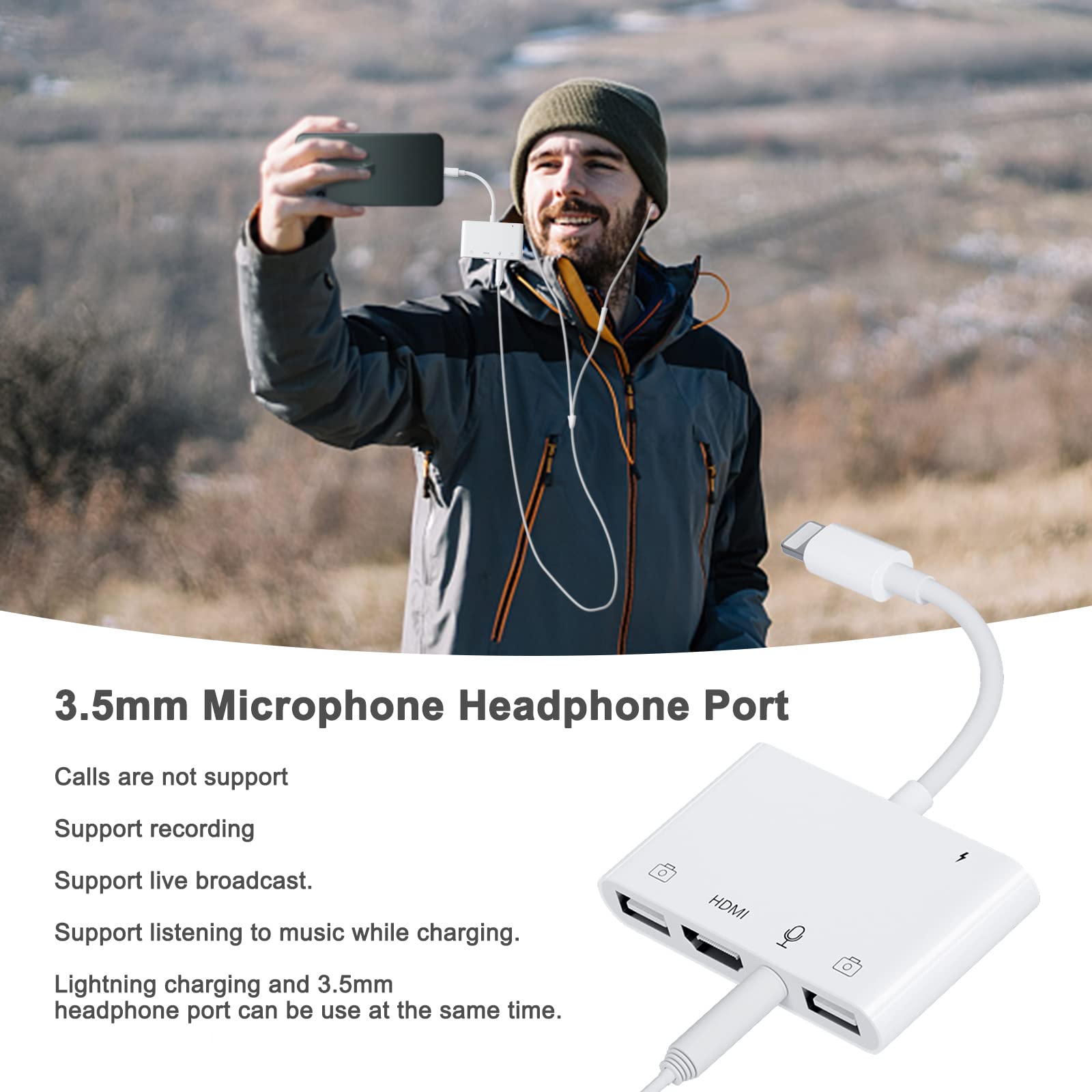Unitrox iPhone Microphone Adapter for Live-Streaming, HDMI Adapter for iPhone to TV, Dual USB Female OTG Adapter with Charging Port Compatible with iPhone/iPad/iPod, No Application, Plug and Play