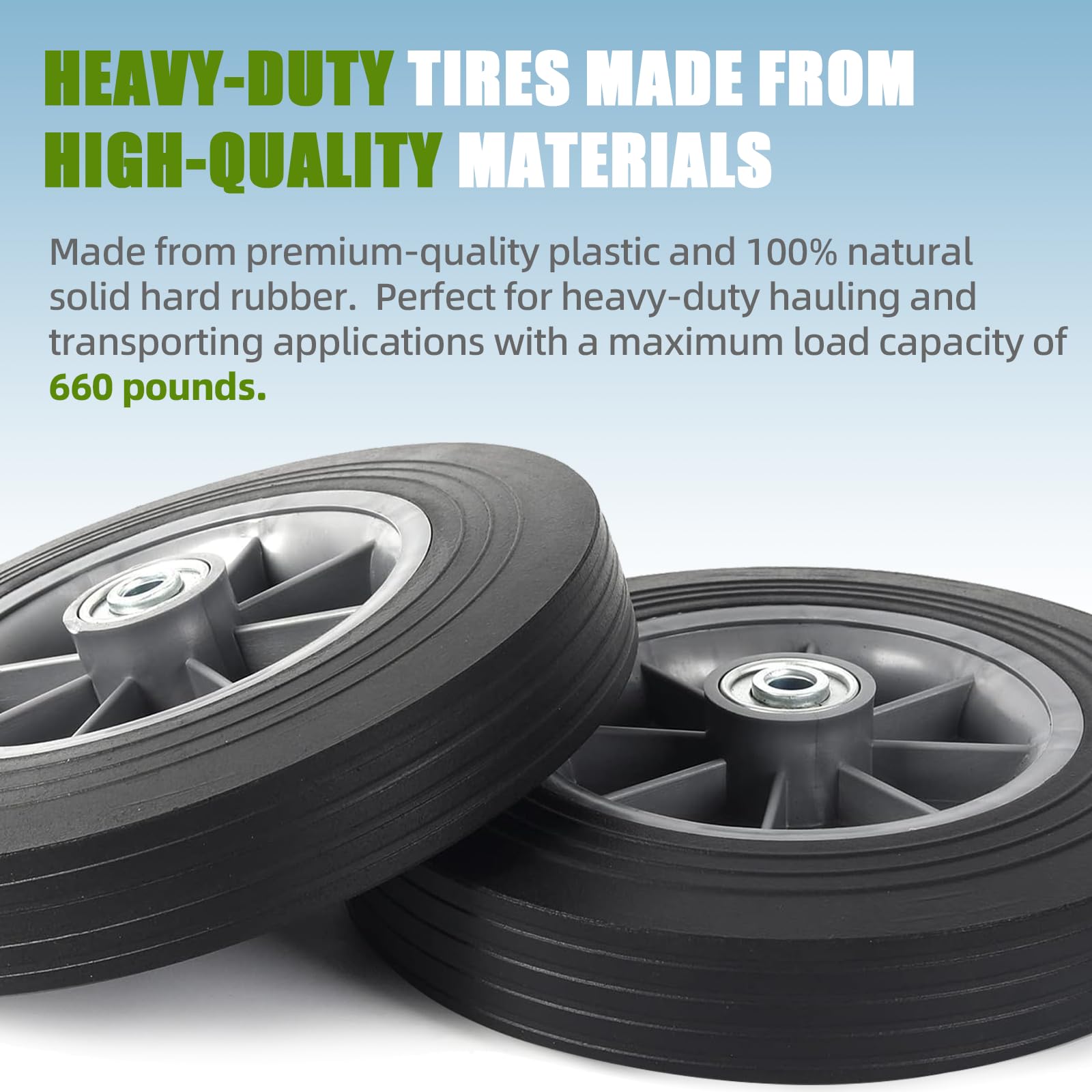 AR-PRO (2-Pack 10'' x 2'' Flat Free Solid Rubber Tire and Wheel, 3/4" & 5/8" & 1/2" Axles Bore Hole with 2.23" Offset Hub, Replacement 10 Inche Wheel for Dolly Hand Trucks and Wheelbarrows