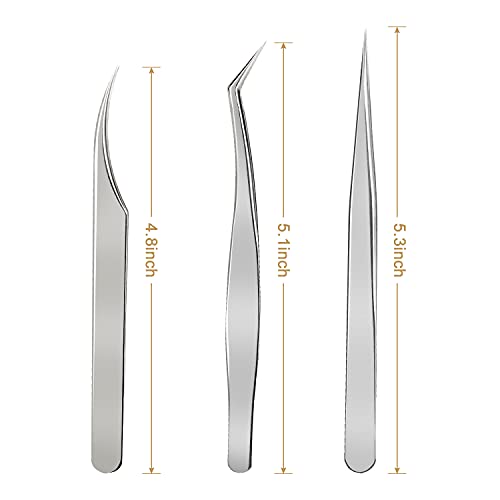 ACTROL Eyelash Extension Tweezers Set 3 PCS for Volume lashes Stainless Steel professional Precision Tweezers Straight and Curved Tip Tweezers (3pcs-1, Silver)