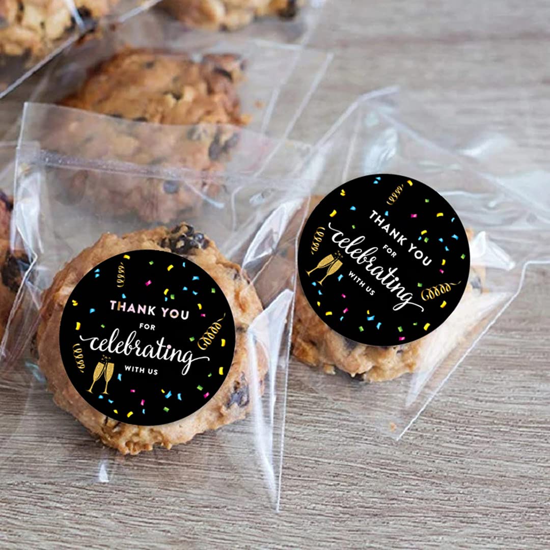 Fedyufook 2 Inch Black Thank You For Celebrationg With Us Label Stickers,Round Birthday Wedding Graduation Party Stickers,50-Pack
