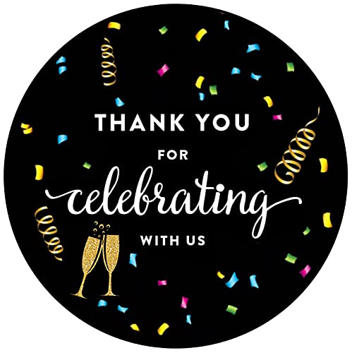 Fedyufook 2 Inch Black Thank You For Celebrationg With Us Label Stickers,Round Birthday Wedding Graduation Party Stickers,50-Pack