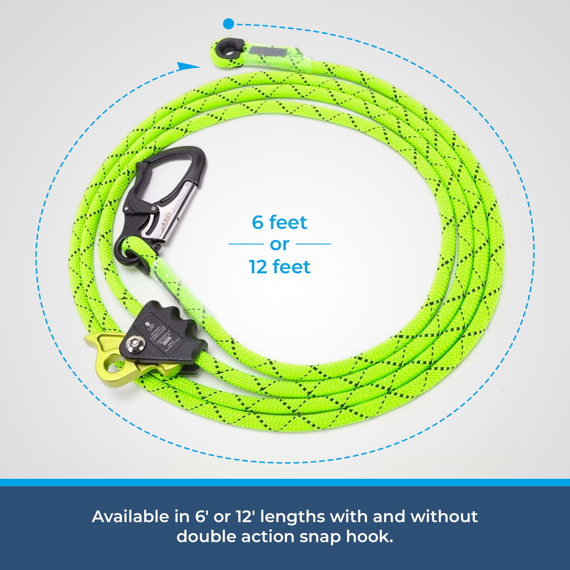 RNA X-Flight Adjustable Lanyard with Snap Hook - Neon Yellow, 12-Foot Heavy-Duty Positioning System, Made in USA, Arborist and Work-at-Height Gear