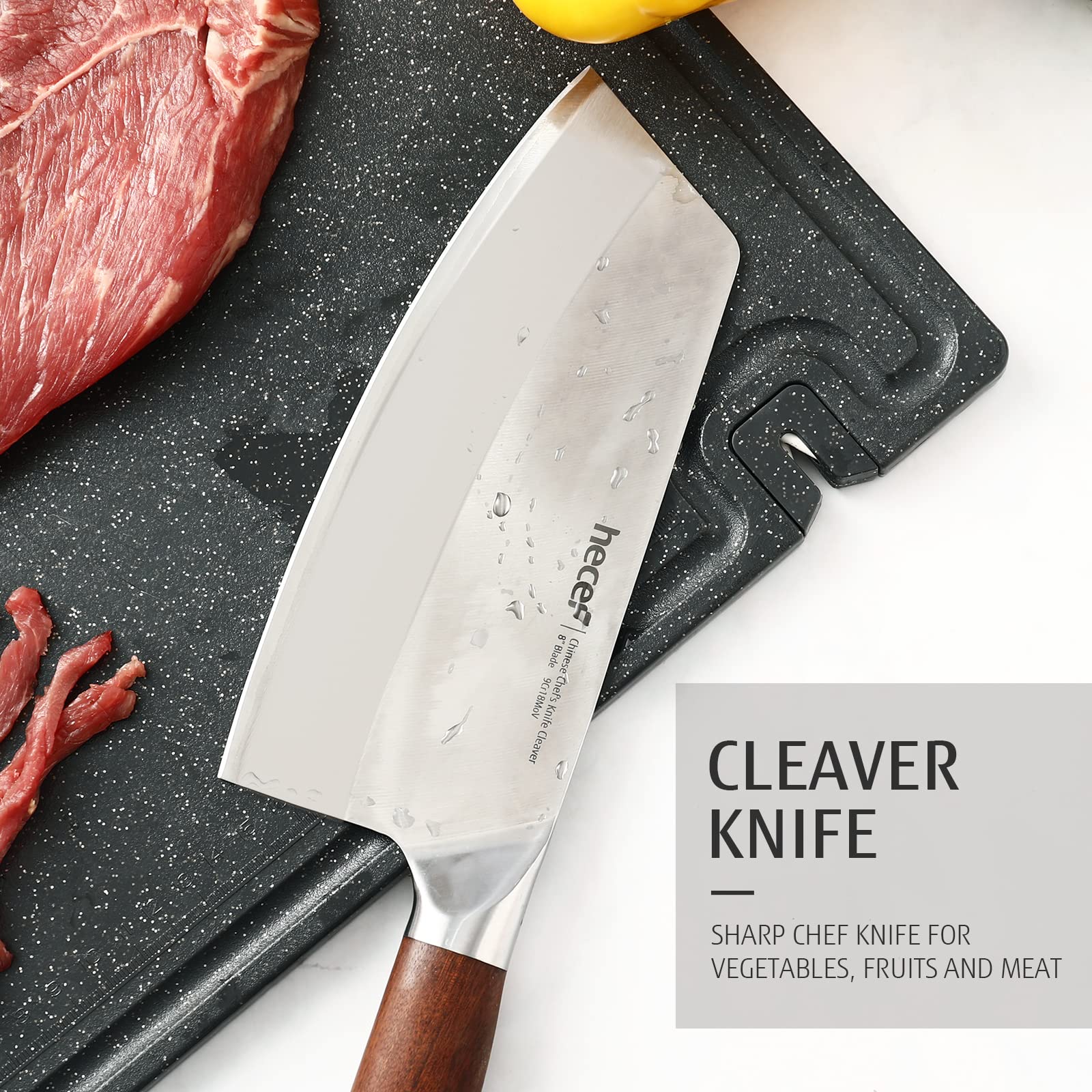 hecef 8 Inch Chinese Cleaver Kitchen Knife, Vegetable Meat Cleaver Chef’s Knife Made of High Carbon Steel & Ergonomic Cuibourtia Handle, Sharp Kitchen Cutlery for Home & Restaurant with Gift Box