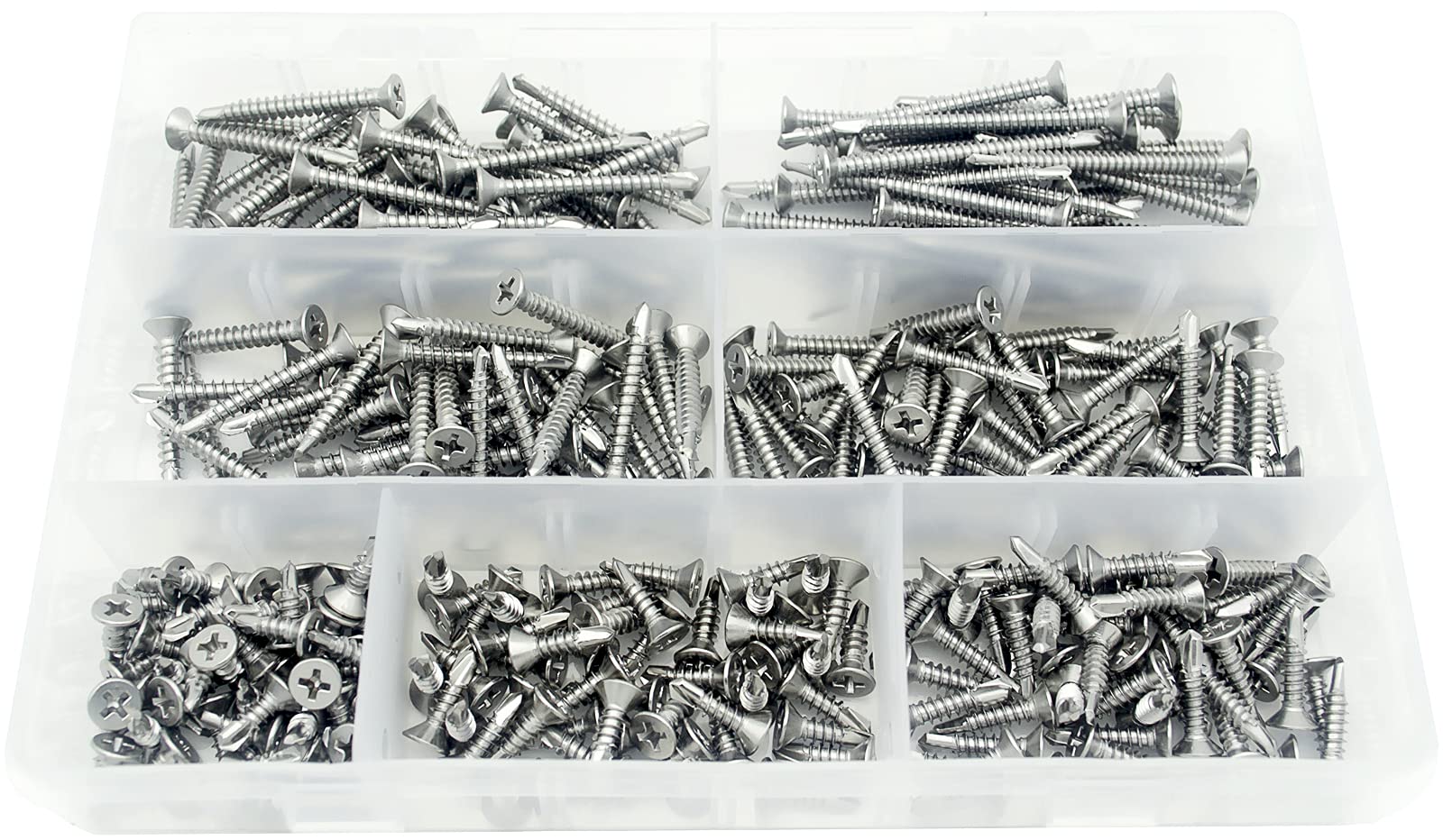 Guard4U 300Pcs 7-Size 410 Stainless Steel #8 SAE Flat Head Phillips Self Drilling Screws Sheet Metal Tek Screws Assortment Kit, Modified Truss Head Self Driller- #8 x 1/2" to #8 x 2"
